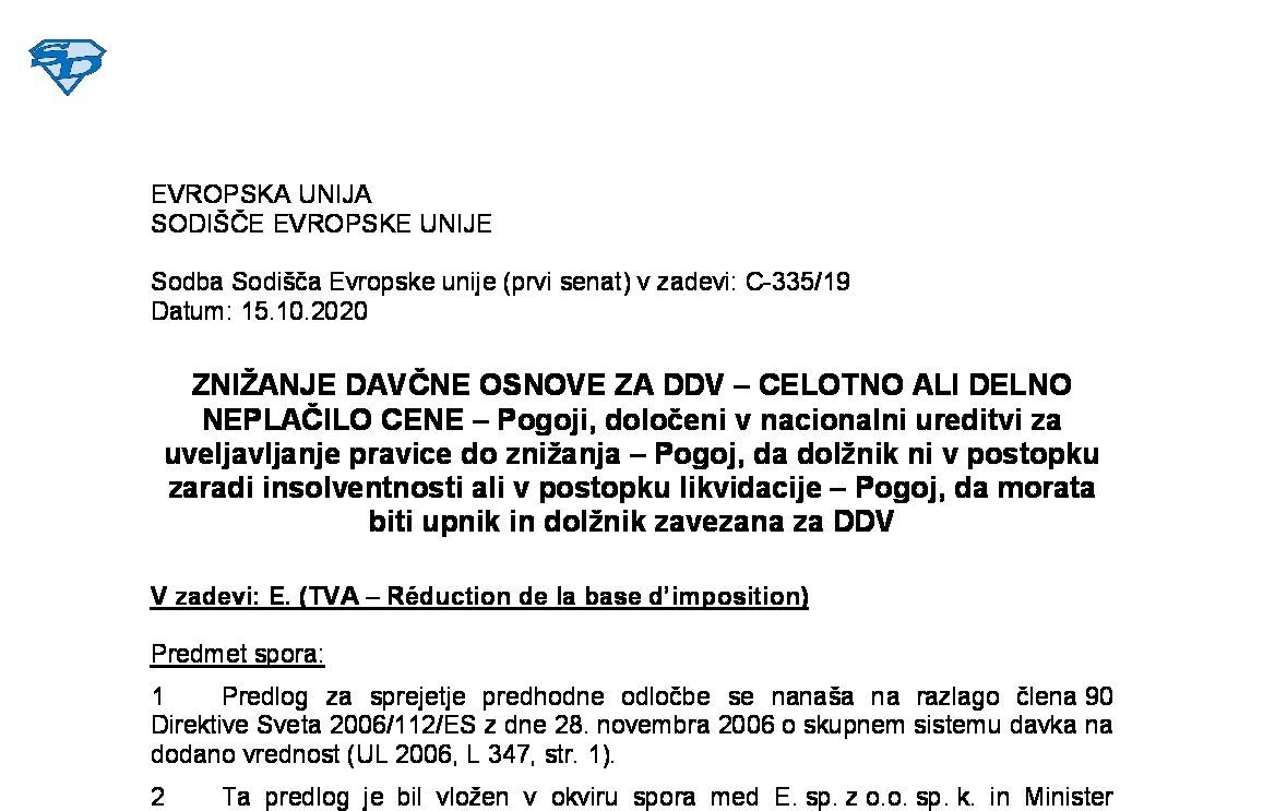 ZNIŽANJE DAVČNE OSNOVE ZA DDV – CELOTNO ALI DELNO NEPLAČILO CENE ...