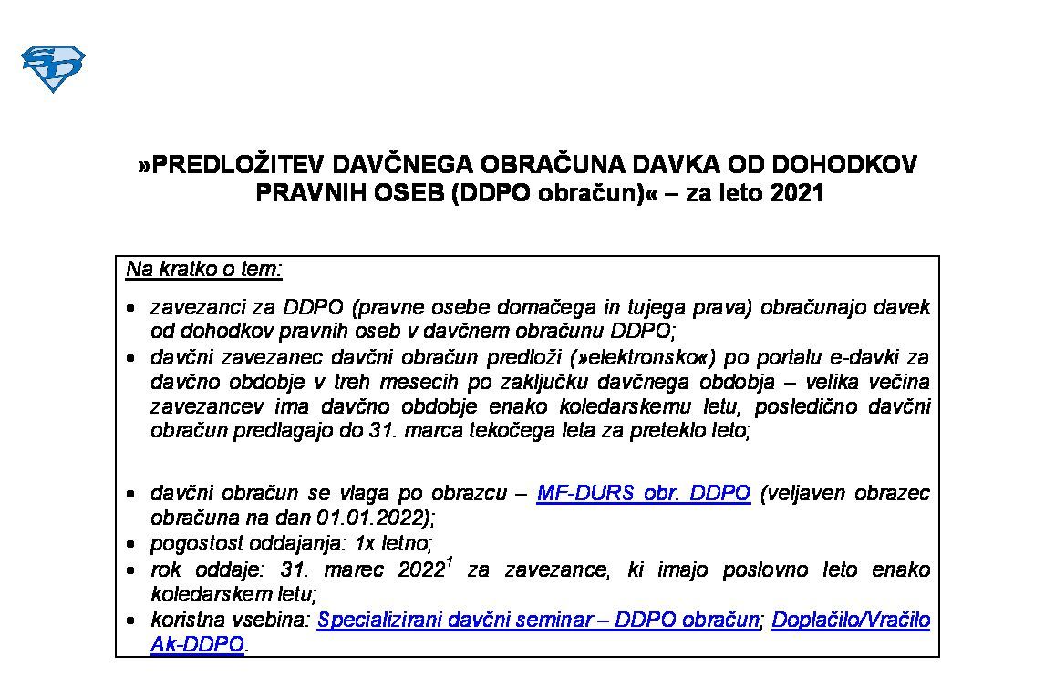 PREDLOŽITEV DAVČNEGA OBRAČUNA DAVKA OD DOHODKOV PRAVNIH OSEB (DDPO ...
