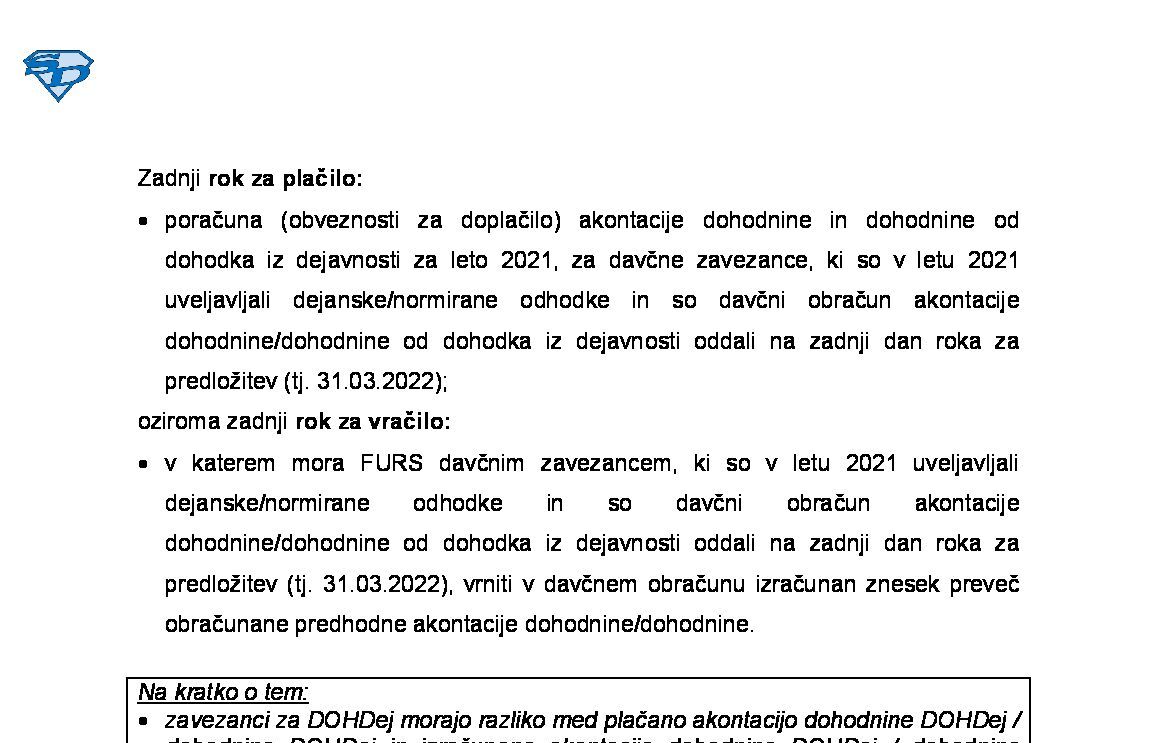 Doplačilo premalo oziroma vračilo preveč plačane akontacije dohodnine ...
